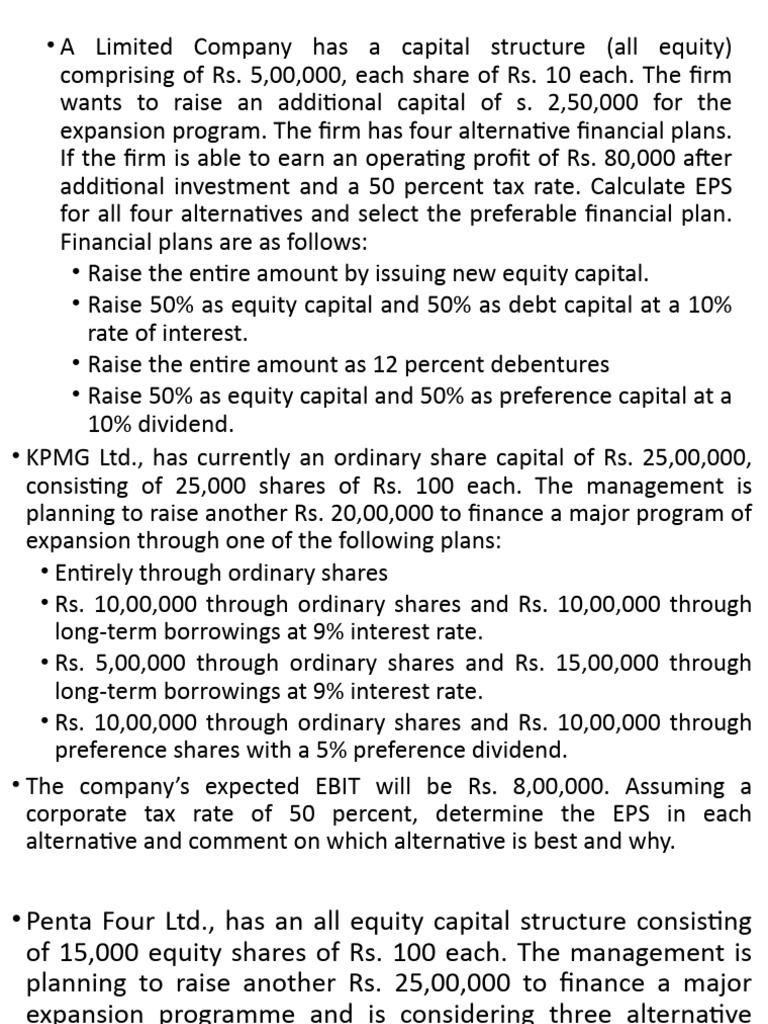 EBIT - EPS Questions | PDF | Capital Structure | Financial Capital