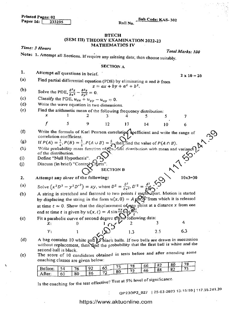 Btech As 3 Sem Mathematics 4 Kas 302 Mar 2023 | PDF