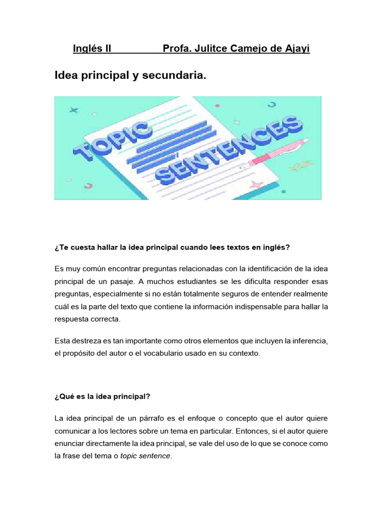 Idea Principal y Secundaria. Inglés II | PDF | Comprensión lectora ...