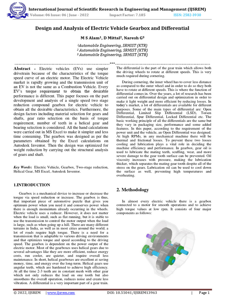 Design and Analysis of Electric Vehicle Gearbox and Differential | PDF ...