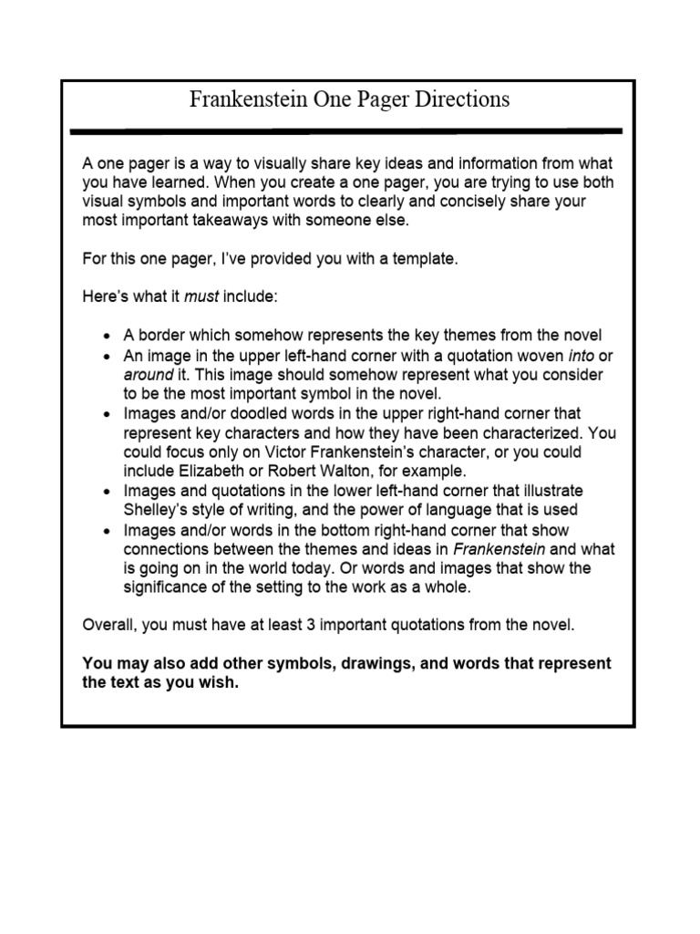 Frankenstein One Pager Directions | PDF