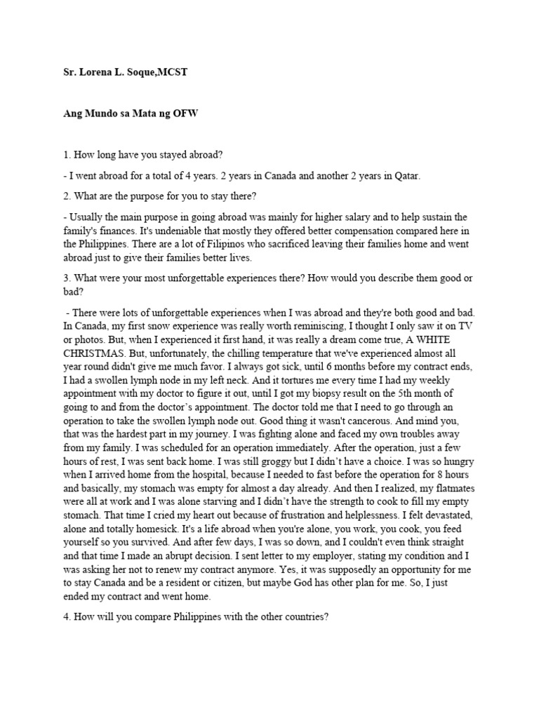 Contemporary world-OFW Interview | PDF | Wellness | Lifestyle