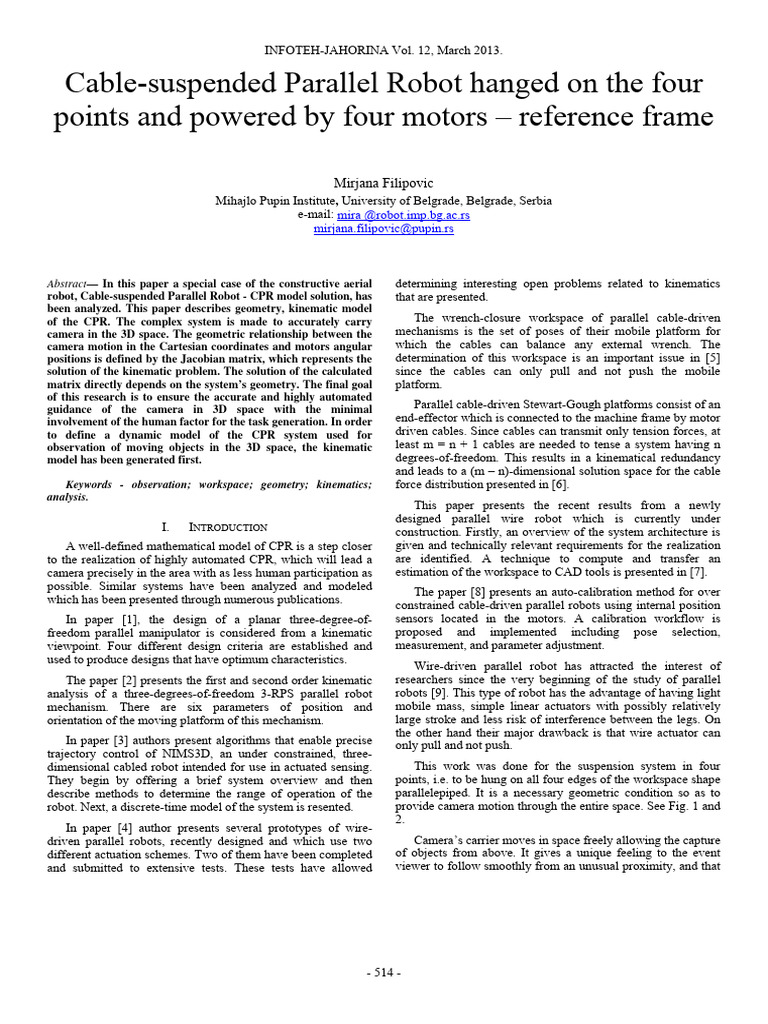 Cable Suspended Parallel Robot Hanged On | PDF | Kinematics ...