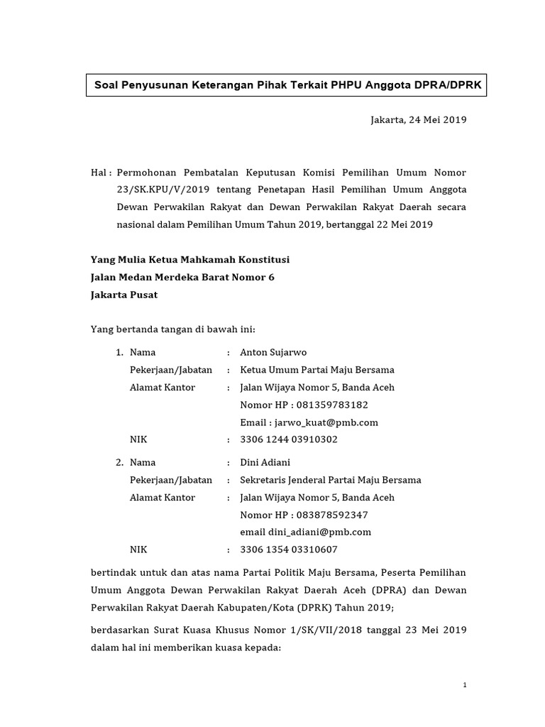 Materi - 81 - Soal Penyusunan Keterangan Pihak Terkait PHPU Anggota DPRA&DPRK | PDF