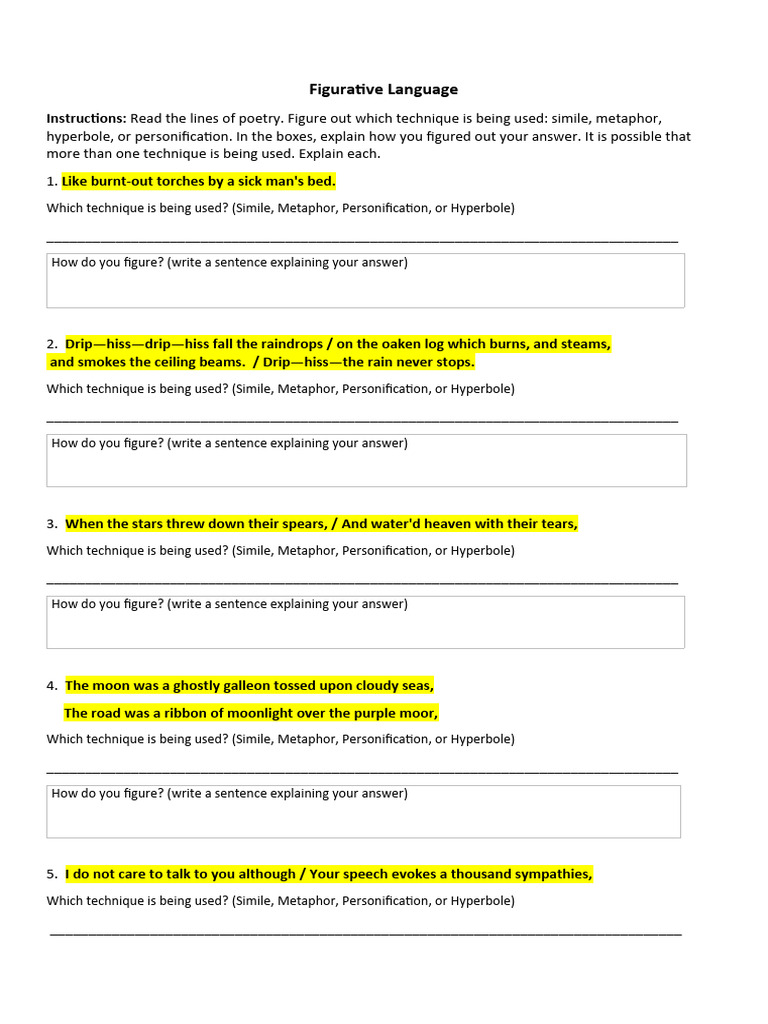 Figurative Language Worksheet 1 | PDF | Metaphor | Linguistics