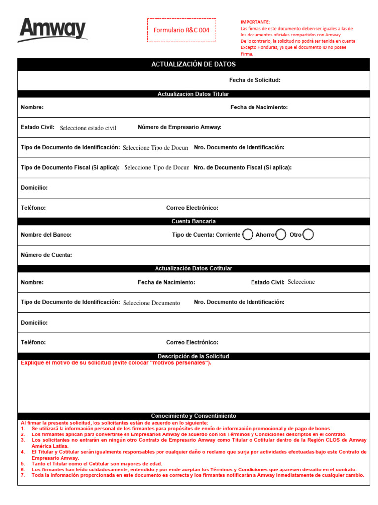 Formulario R&C 004 Actualización de Datos | PDF | Finanzas y dinero