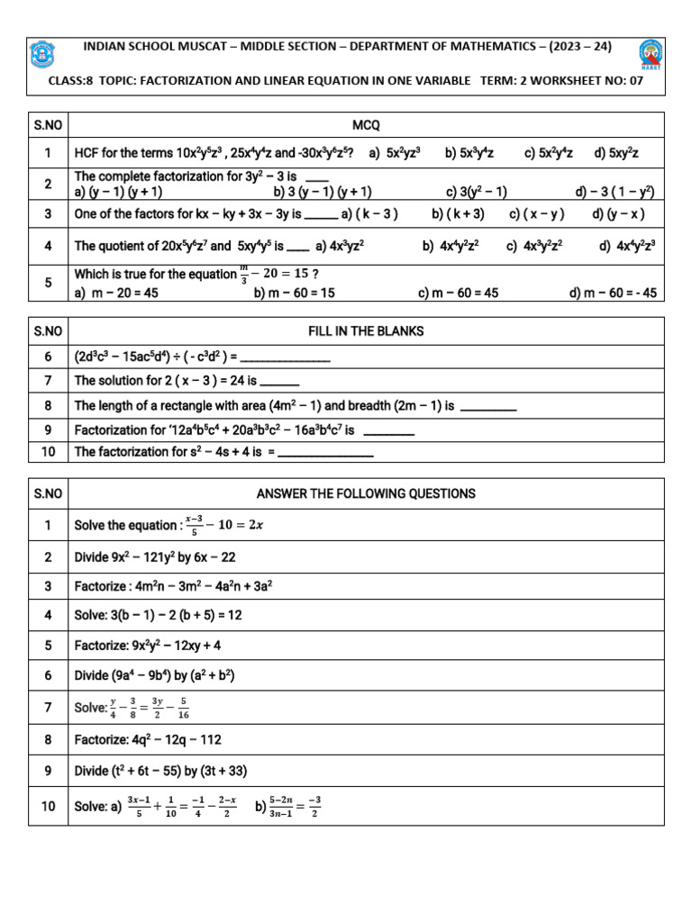 Class 8 - Factorization and Linear Equatin in One - 240118 - 194452 | PDF | Equations | Applied ...