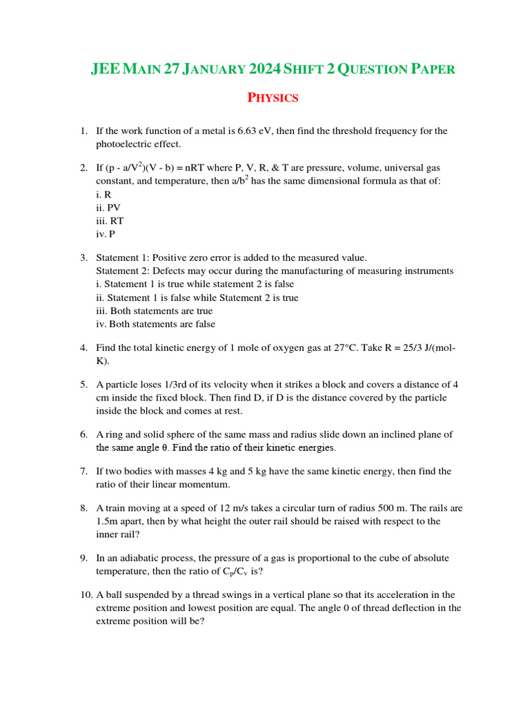 JEE Main Physics Question Paper 2024 | PDF | Gases | Kinetic Energy