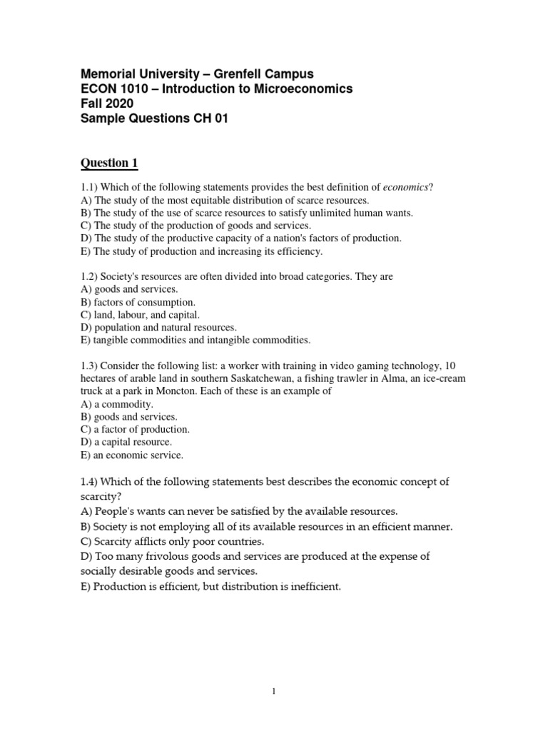 MUN ECON 1010 Sample Ques CH 01 2020 21f | PDF | Goods | Economies