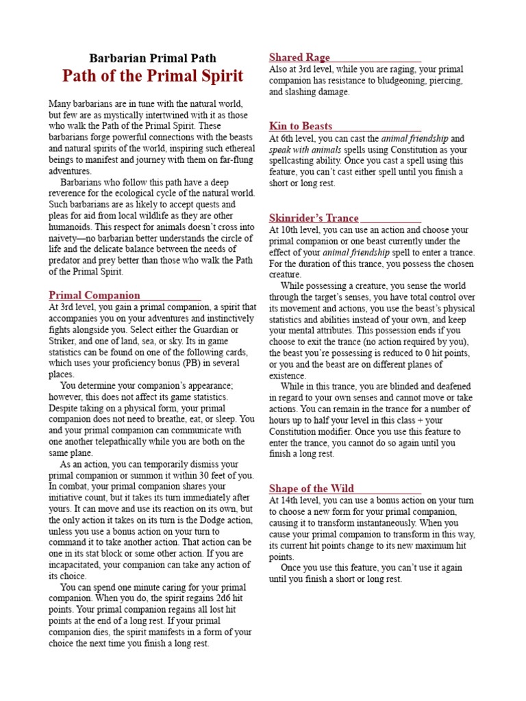 Path of the Primal Spirit Barbarian | PDF