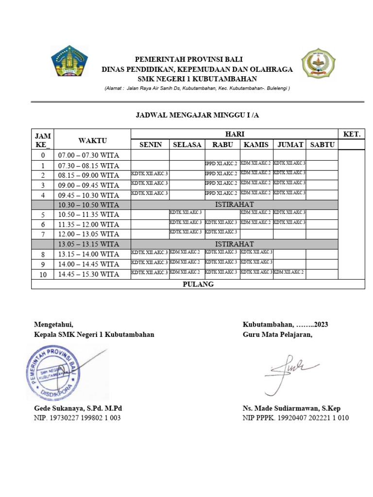JADWAL MENGAJAR IPPD,KDM,KDTK 2023-2024 | PDF