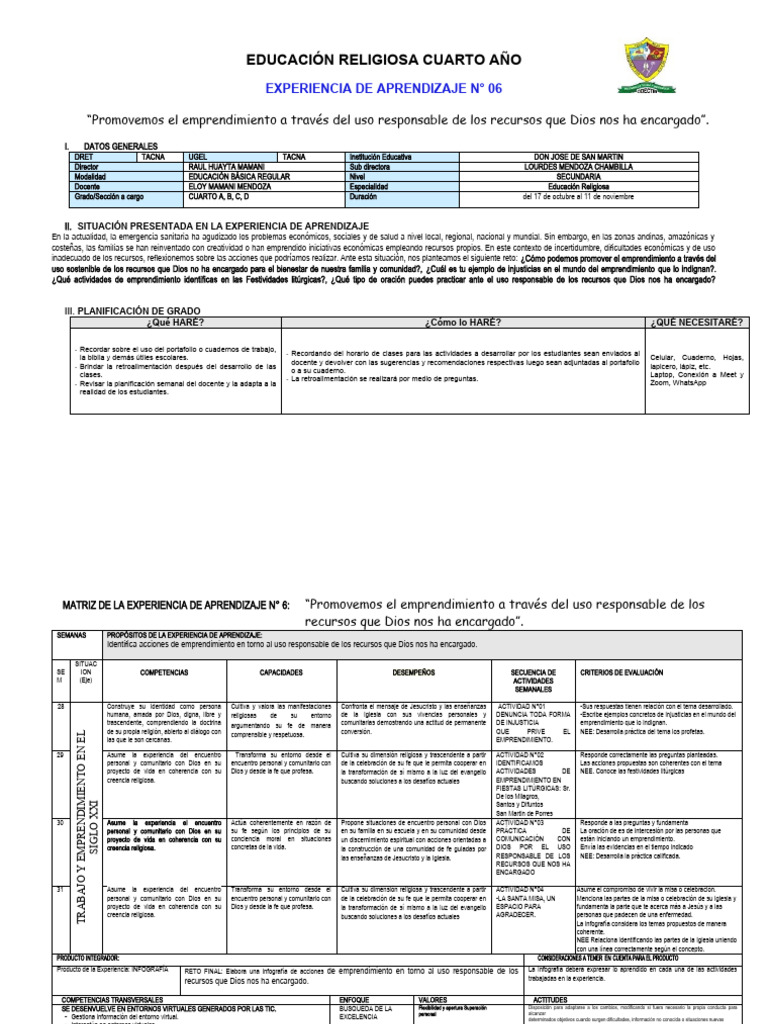 4° Experiencia de Aprendizaje #06 | PDF | Evaluación | Fe
