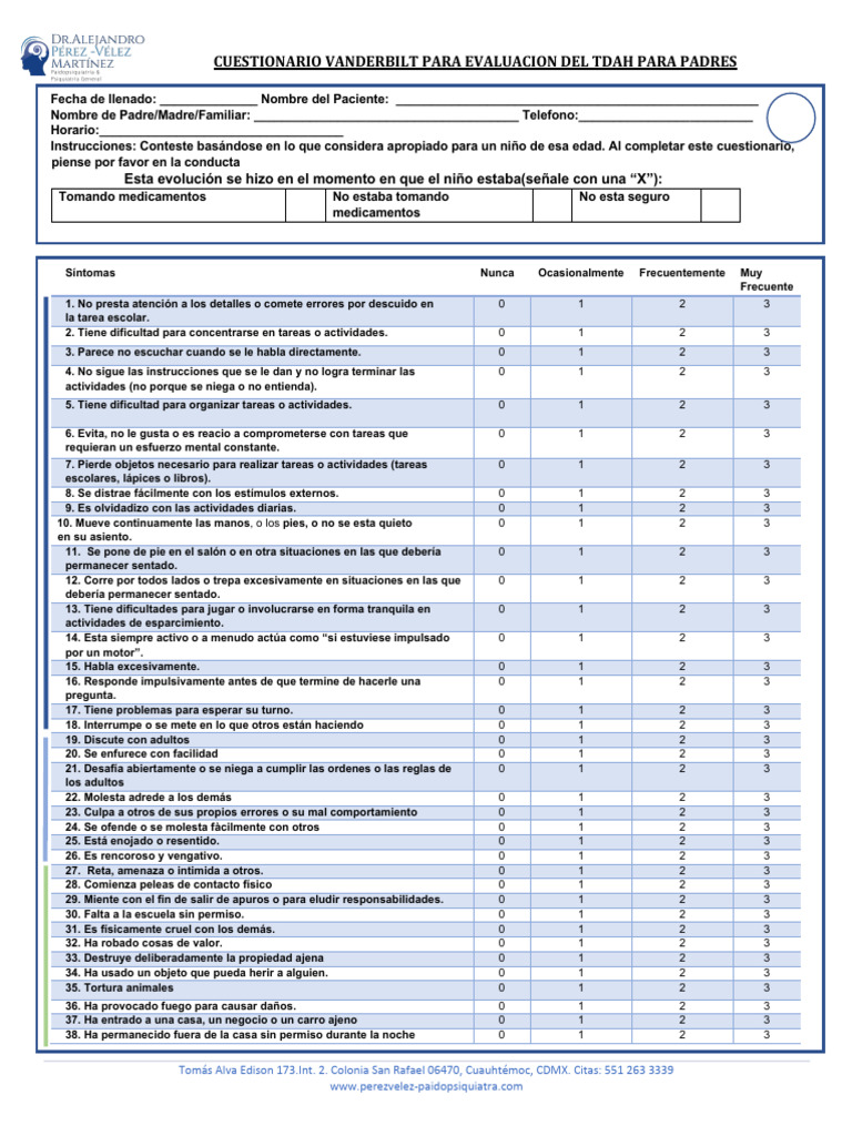 ESCALA DE EVALUCION DEL TDAH PARA PADRES DE VANDERBILT V2 | PDF ...