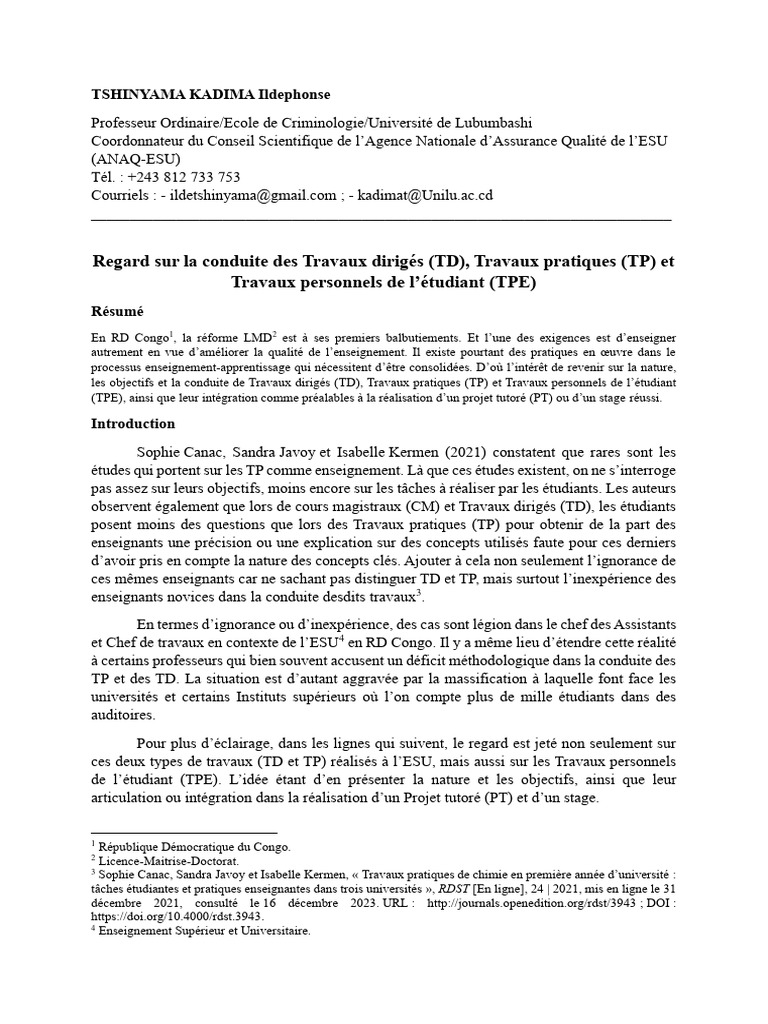 Conduite Des TD, TP Et Tpe | PDF