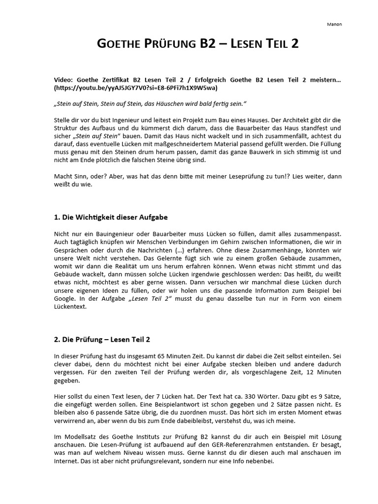 Goethe Prüfung B2 - Lesen Teil 2 | PDF