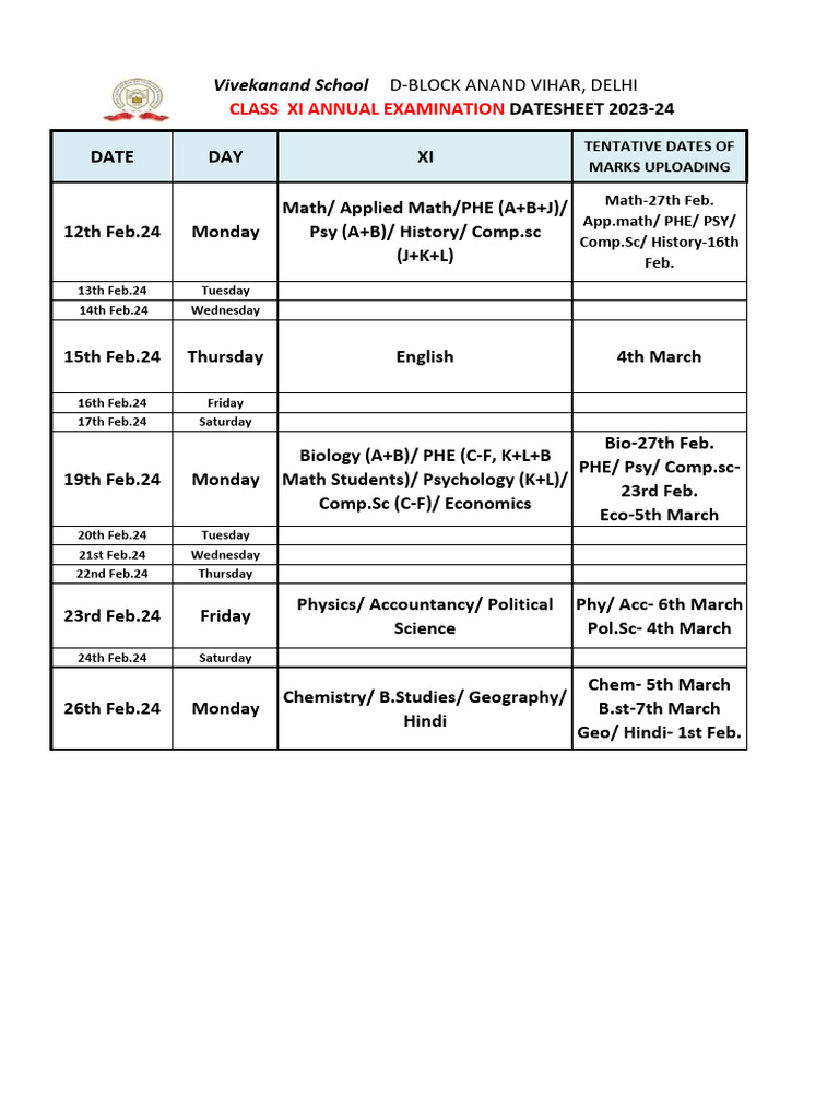 Class XI Annual Exam Datesheet 2023-24 | PDF