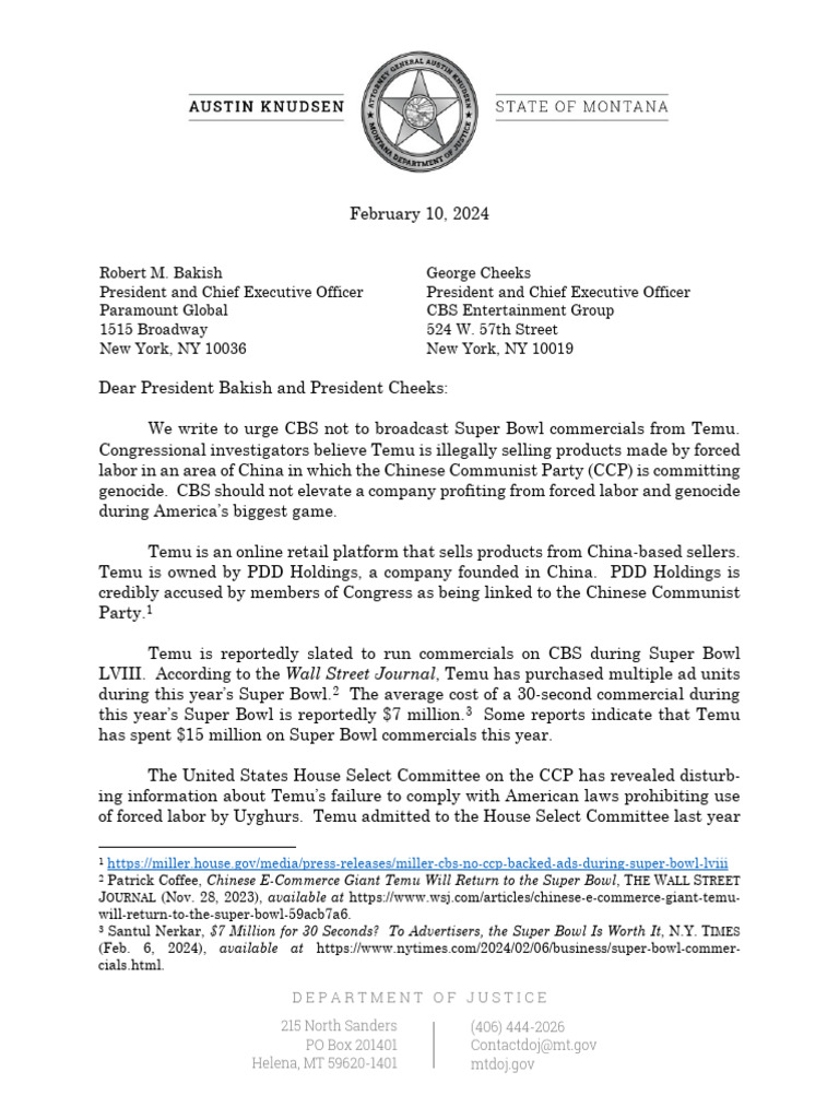 AGs Letter To CBS Re Temu 2.10.24 | PDF | Social Science