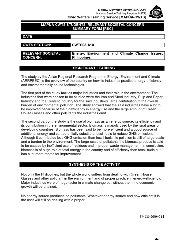 Mapúa-Cwts Students' Relevant Societal Concern Summary Form (RSC) Cwts ...