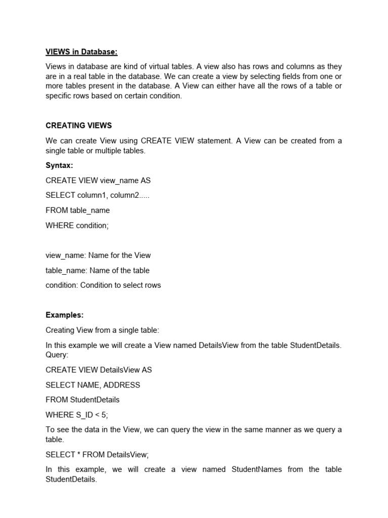 VIEWS in Database | Download Free PDF | Table (Database) | Databases
