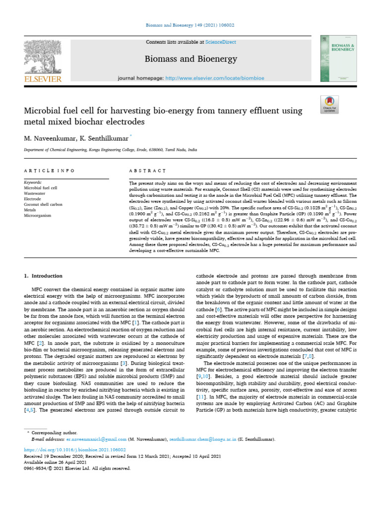 Microbial Fuel Cells with Biochar Electrodes | PDF | Chemistry ...