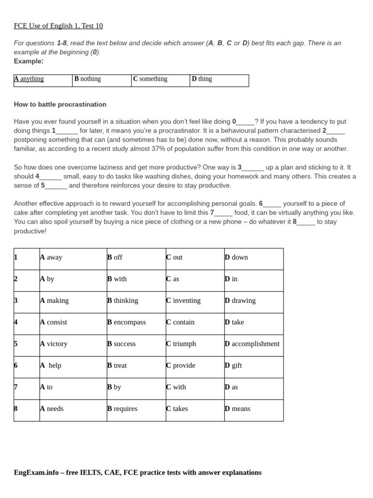 FCE Use of English Part 1, Set 10 | PDF | Procrastination ...