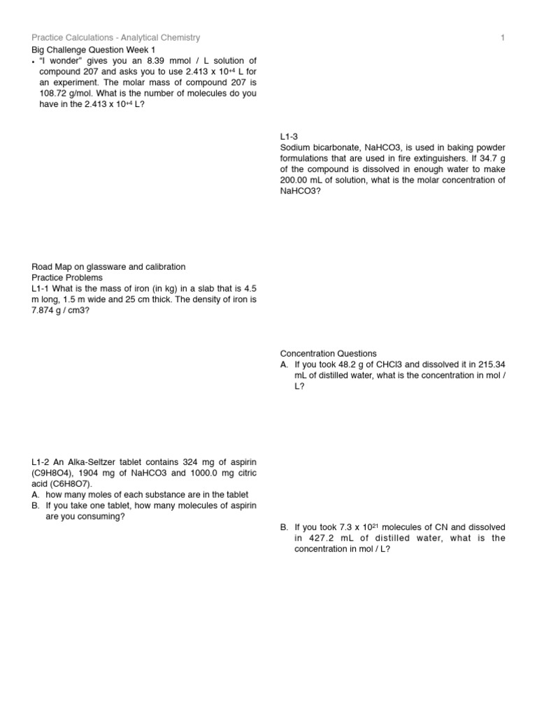 Practice Calculations Sheet Analytical Chemistry Compilation | PDF ...