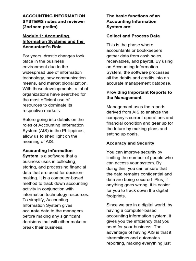 ACCOUNTING INFORMATION SYSTEMS Notes and Reviewer (2nd Sem Prelim ...