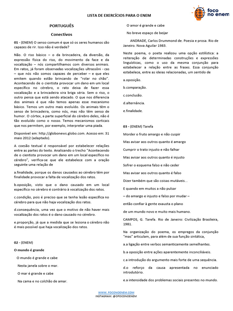 Conectivos Lista de Exercicios Portugues ENEM | PDF