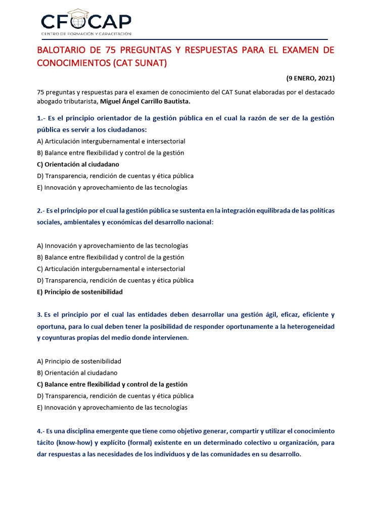CFOCAP - BALOTARIO DE 75 PREGUNTAS Y RESPUESTAS PARA EL EXAMEN DE CONOCIMIE hOAlVPm | PDF ...