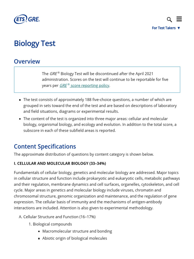 GRE Biology Subject Test (For Test Takers) | PDF | Biology | Cell (Biology)