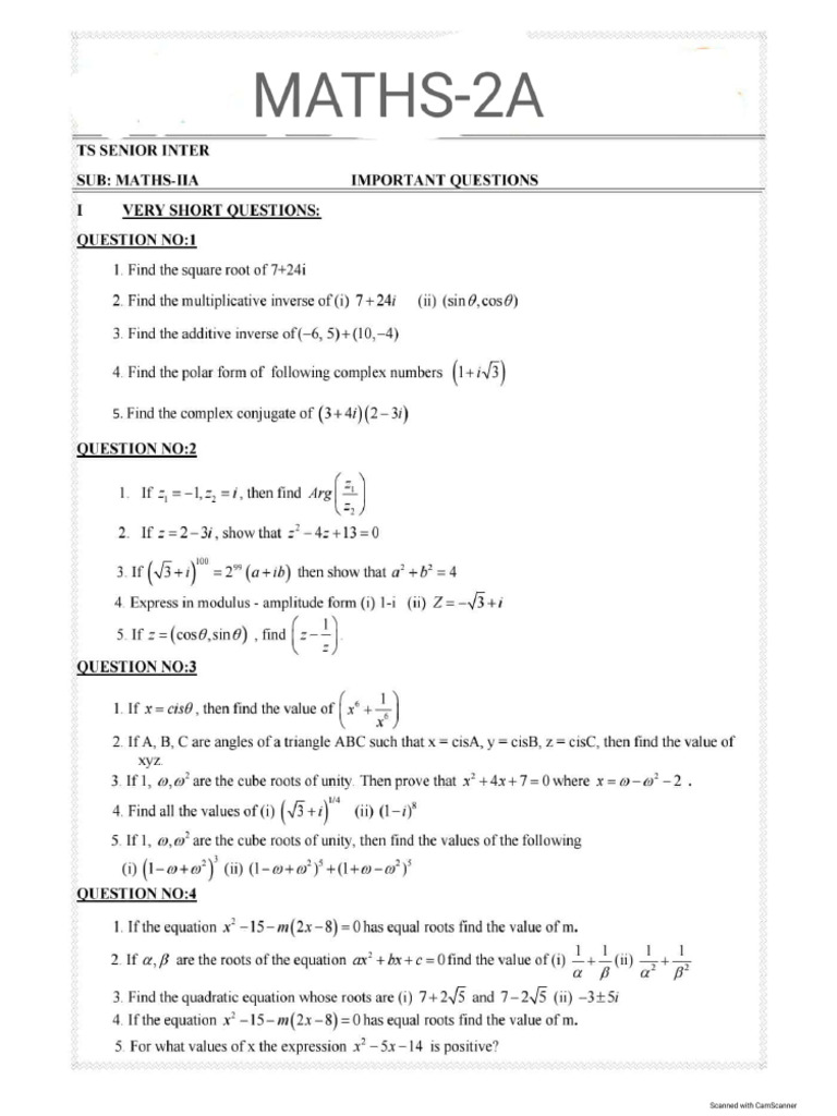SR - Inter - Maths 2a - Imp Questions | PDF