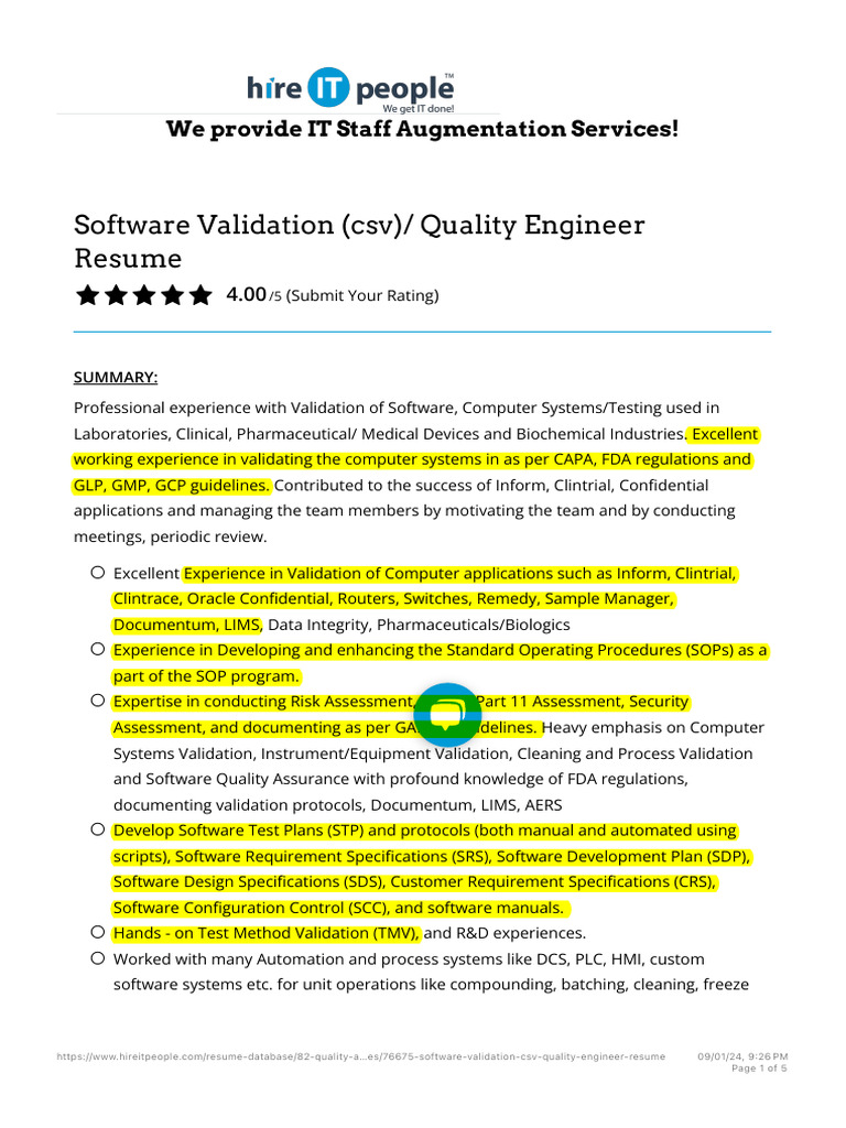 Software Validation (CSV) - Quality Engineer Resume - Hire IT People - We Get IT | Download Free ...