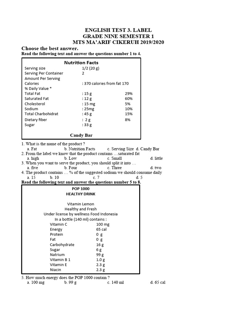 ENGLISH TEST 3. LABEL | PDF