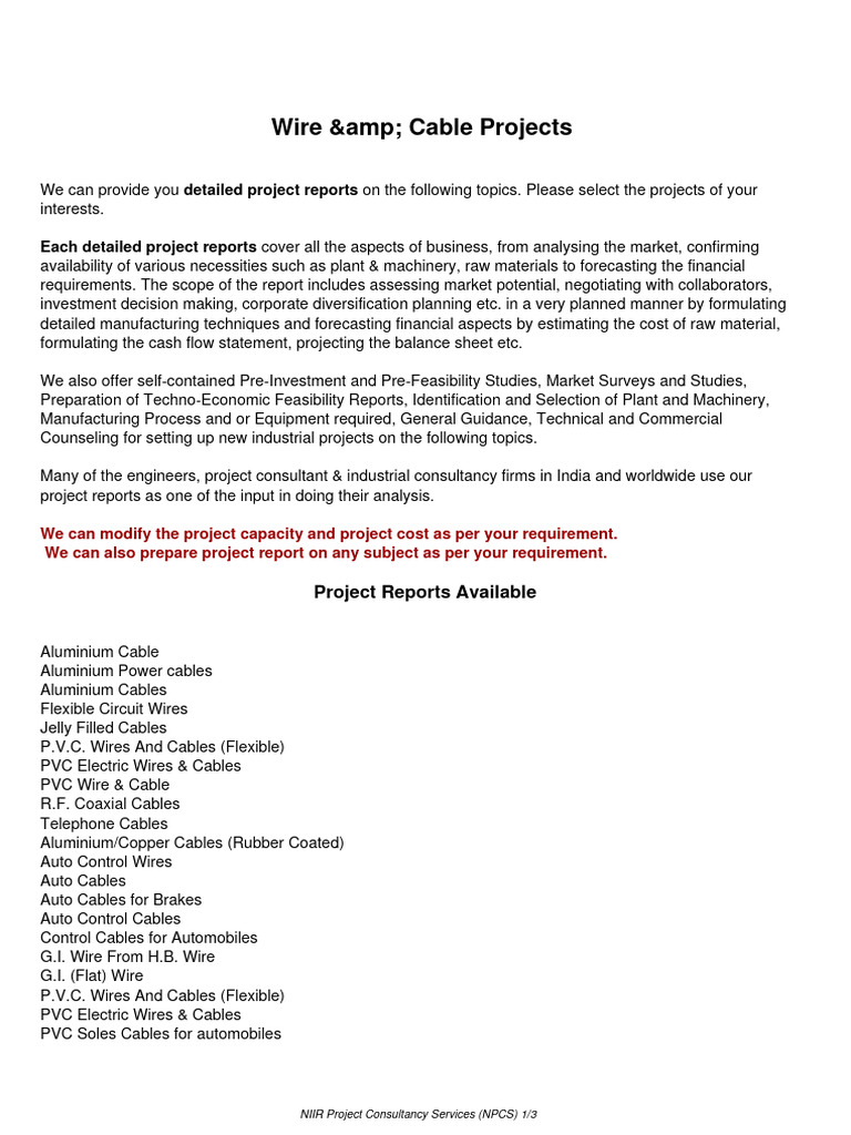 Niir Project Wire Cable Projects | PDF | Wire | Electrical Wiring
