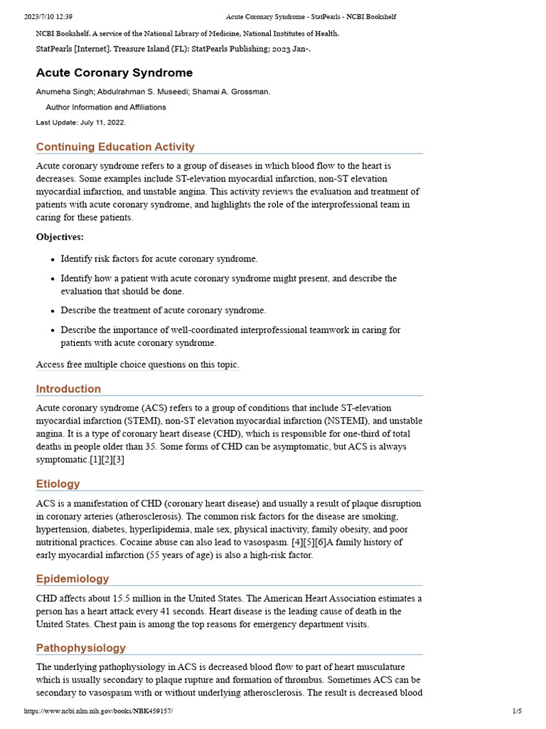 Acute Coronary Syndrome - StatPearls - NCBI Bookshelf | PDF | Coronary ...