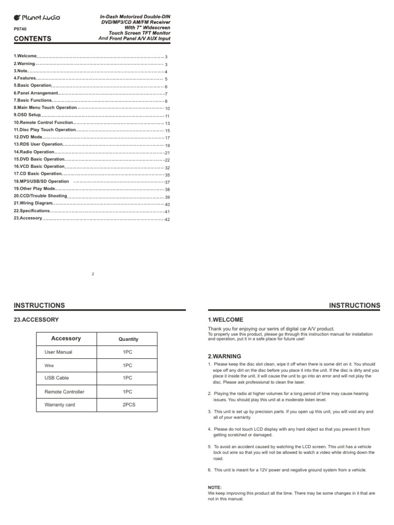 Planet Audio P9740 User Manual | PDF | Menu (Computing) | Dvd