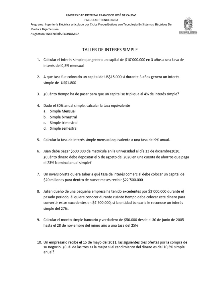 Taller de Interes Simple (1) | PDF | Interés | Dinero
