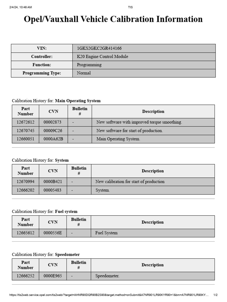 Opel/Vauxhall Vehicle Calibration Information: Vin: Controller ...