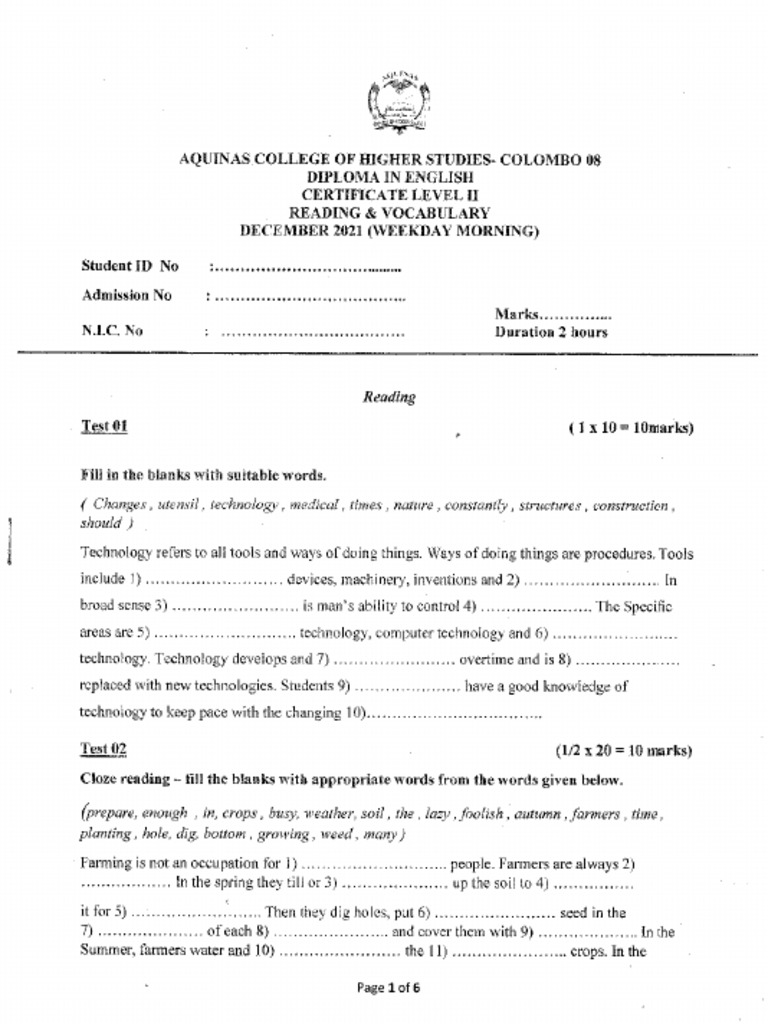 Certificate Level II - Reading & Vocabulary Dec 2021 Weekdays | PDF