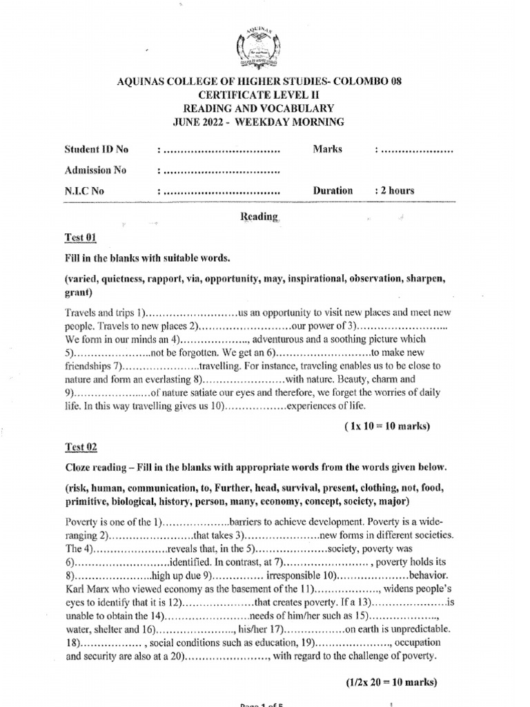 Certificate Level II - Reading & Vocabulary June 2022 Weekday | PDF