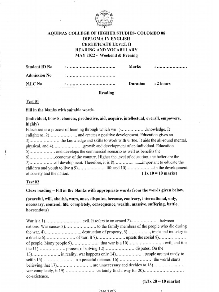 Certificate Level II - Reading & Vocabulary May 2022 Weekend | PDF