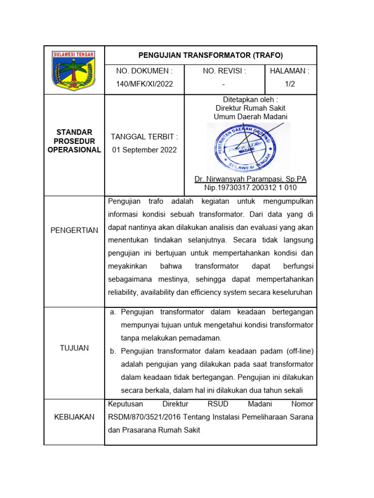 Sop Pengujian Transformator | PDF