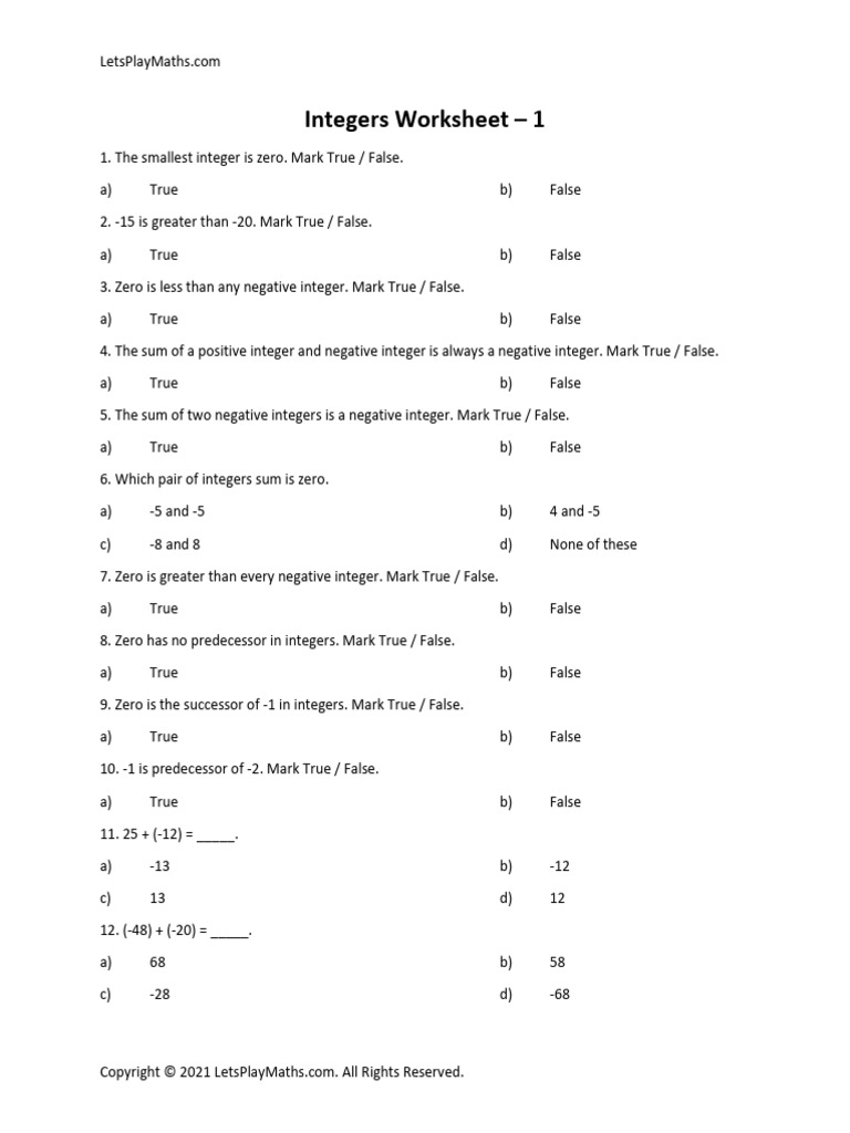 Integers Worksheet-Sd | PDF | Integer | Mathematical Concepts