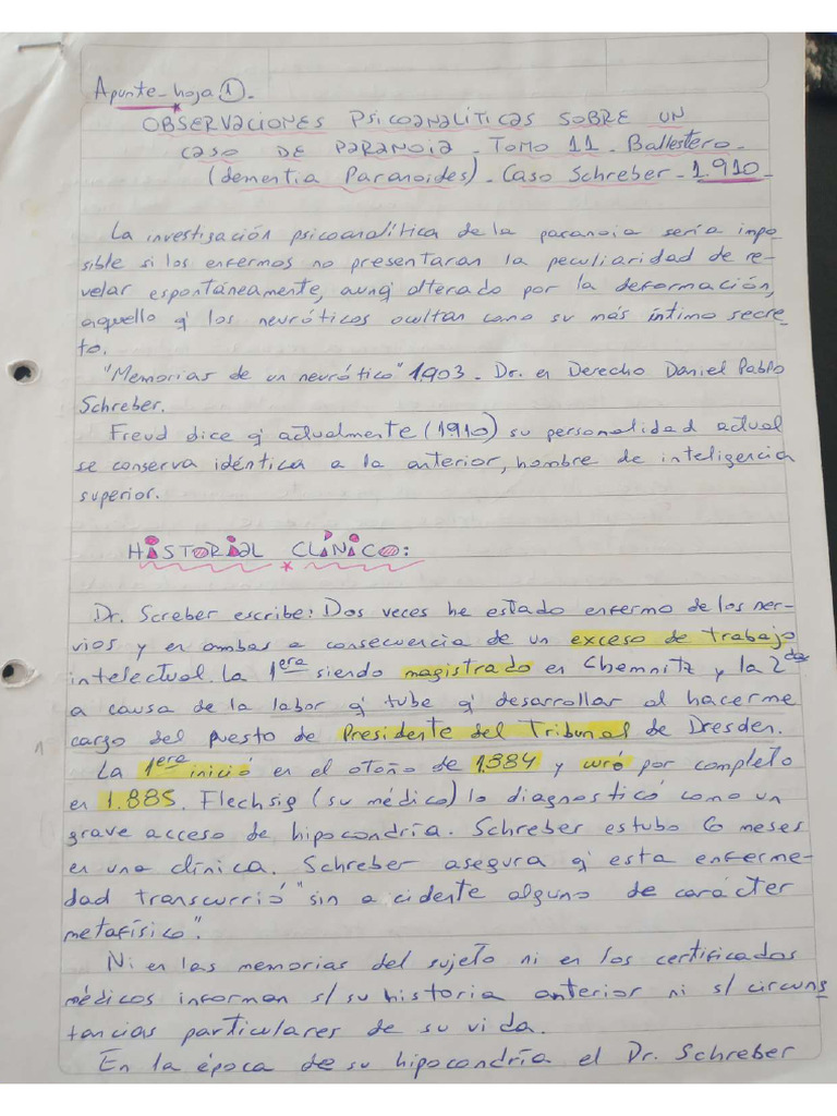 Historial Clínico Del Caso Schreber. Freud. APUNTES. MACARENA DIAMBRI | PDF