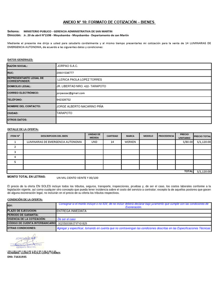ANEXO 10 - FORMATO DE COTIZACION DE BIENES Anexo 10 - Formato de Cotización de Bienes | PDF ...