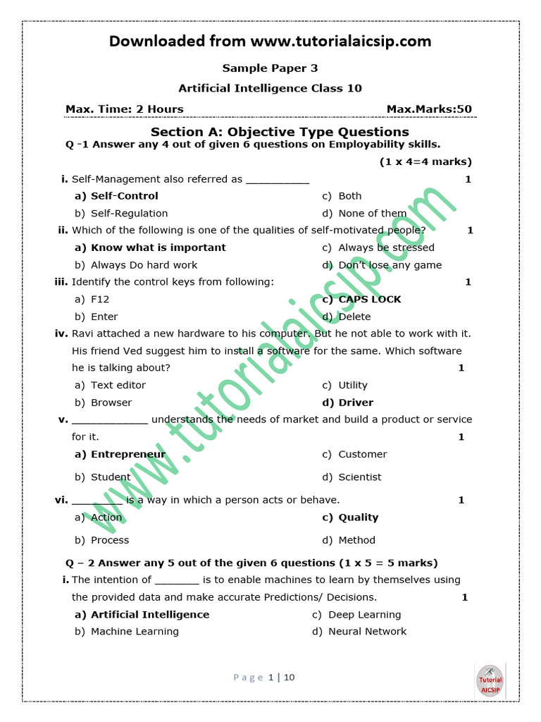 Class 10 AI Sample Paper and Solutions | PDF | Artificial Intelligence ...