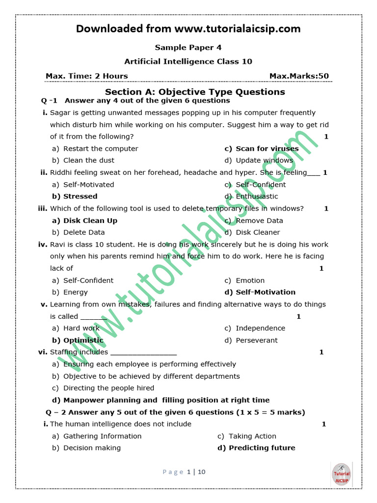 Answer Key Sample Paper 4 AI Class 10 | Download Free PDF | Artificial ...