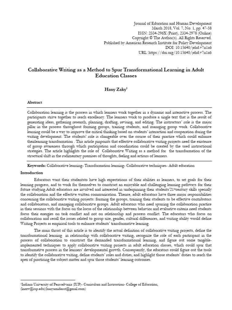 Collaborative Writing As A Method To Spur Transformational Learning in ...