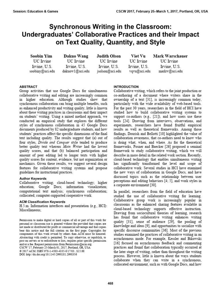 Synchronous Collaborative Writing In The Classroom Pdf Collaboration Human Computer