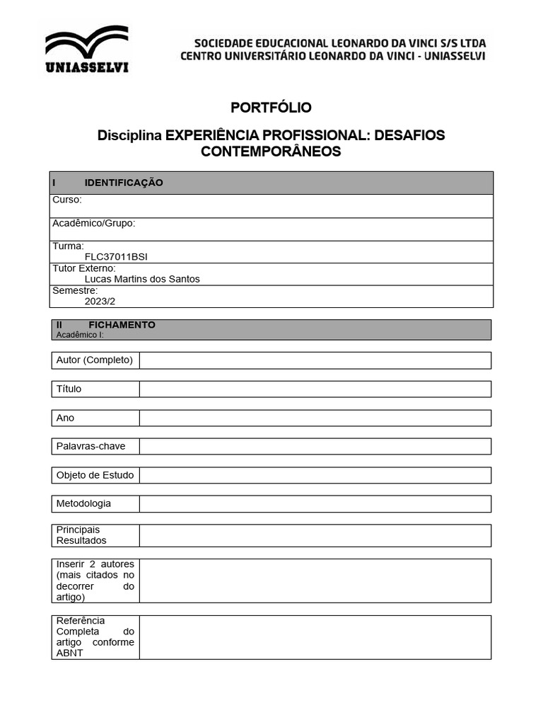 Modelo Portifólio Trabalho Uniasselvi | PDF